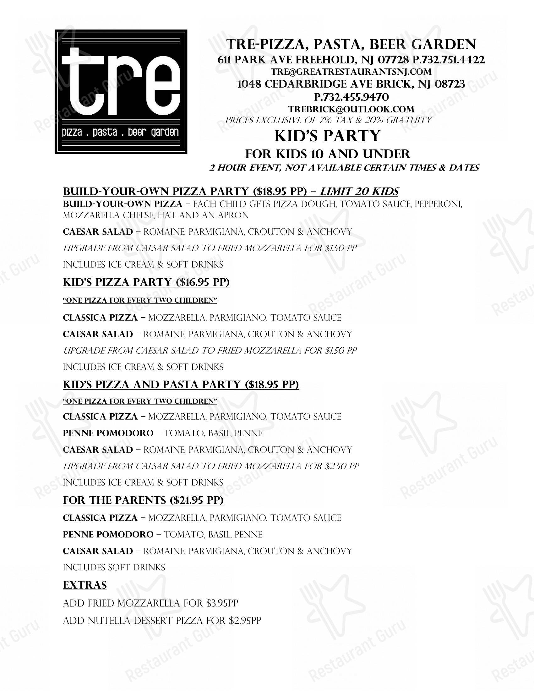 Menu at Tre Pizza Pasta Beer Garden pizzeria, Freehold