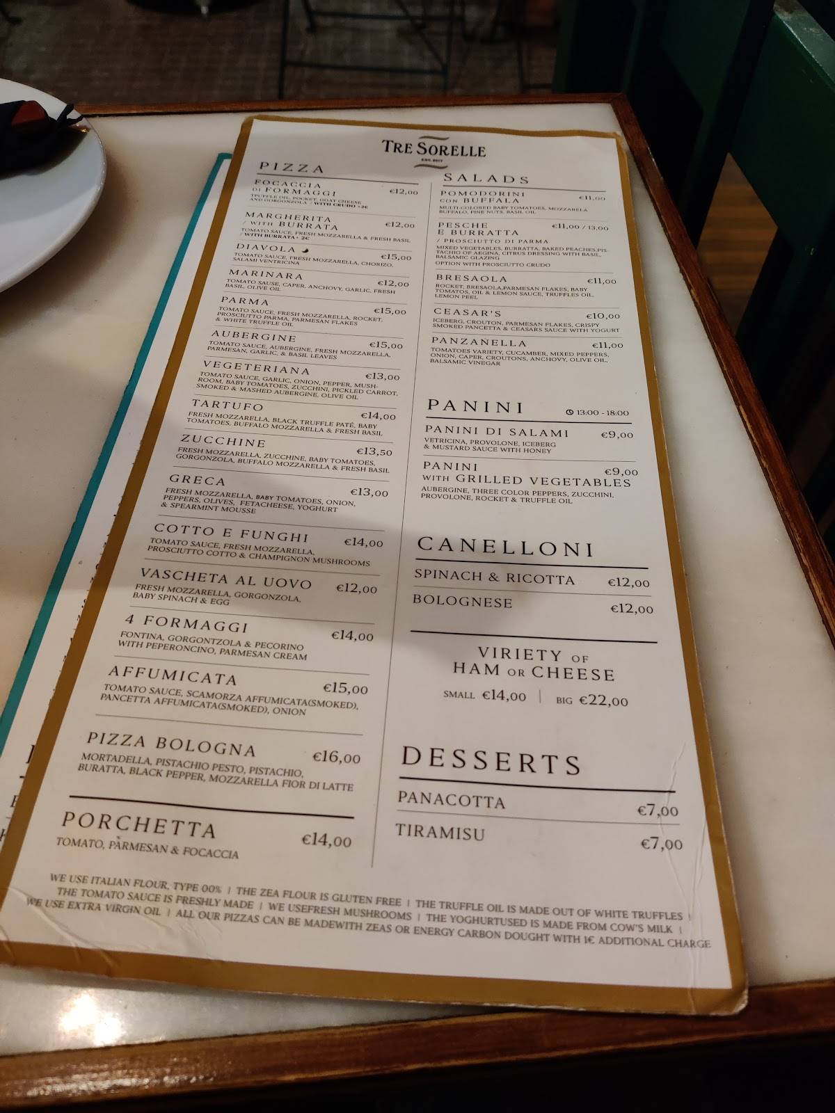 Menu at Tre Sorelle Pizza, Athens