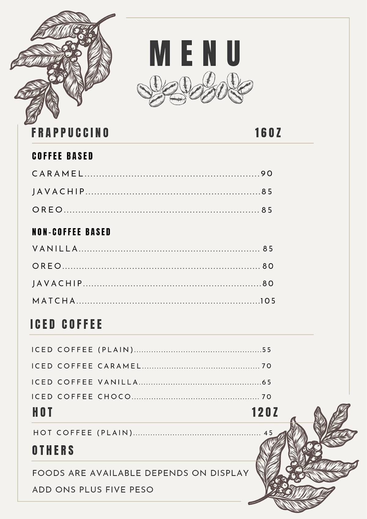 Menu at Tres Kopi, Muntinlupa