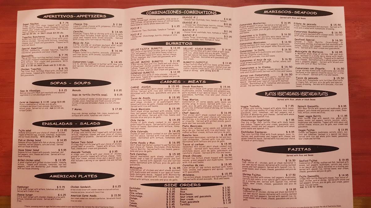 Menu at Tres Marias restaurant, Monroe
