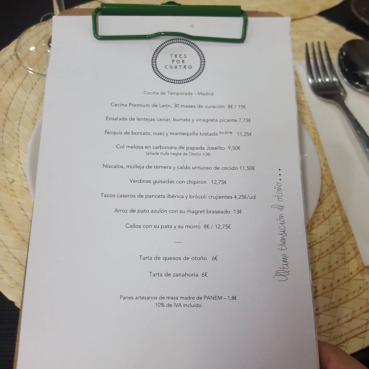Carta del restaurante Tres por Cuatro, Madrid, C. del Montesa