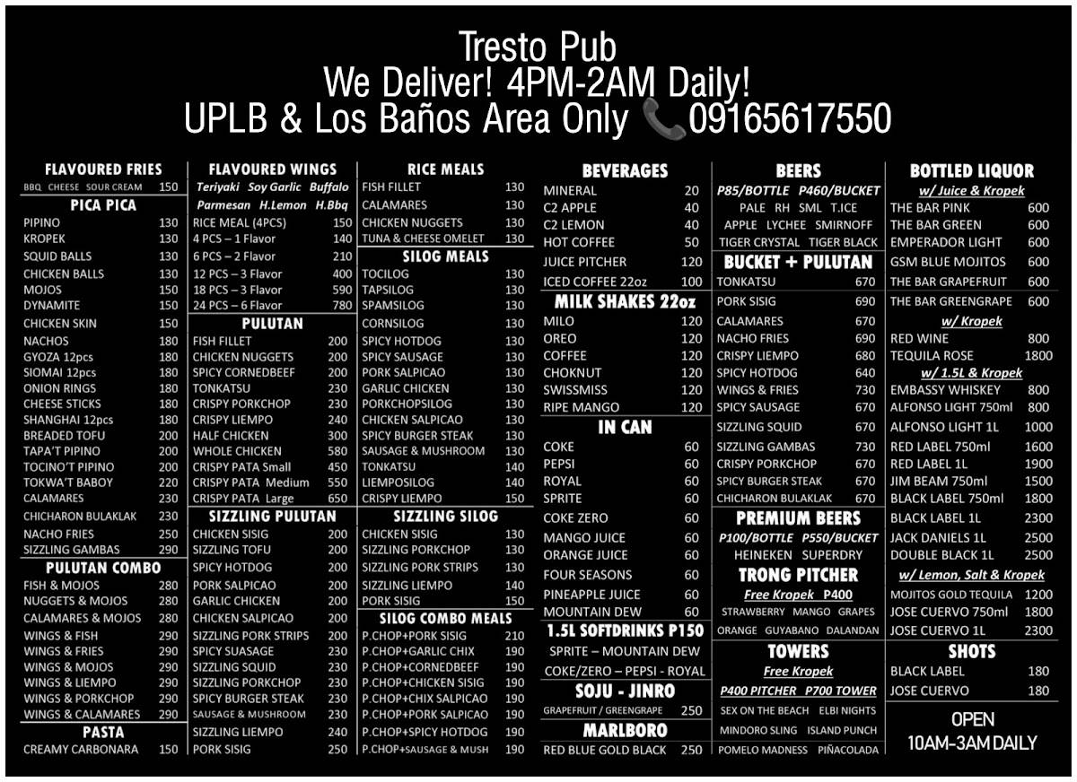 Menu at Tresto Pub, Los Baños