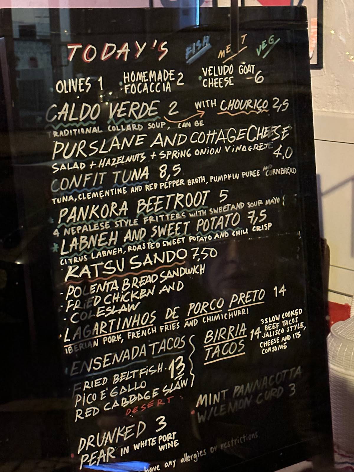 Menu at Trinca restaurant, Lisbon