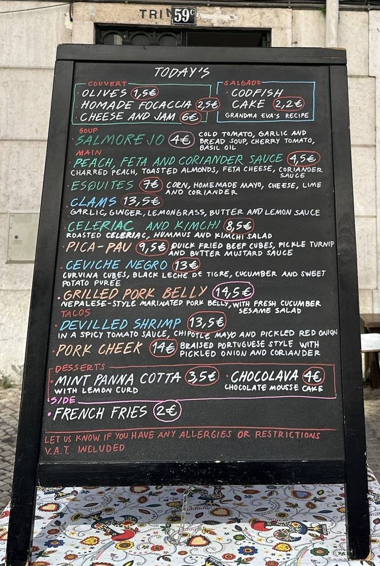Menu at Trinca restaurant, Lisbon