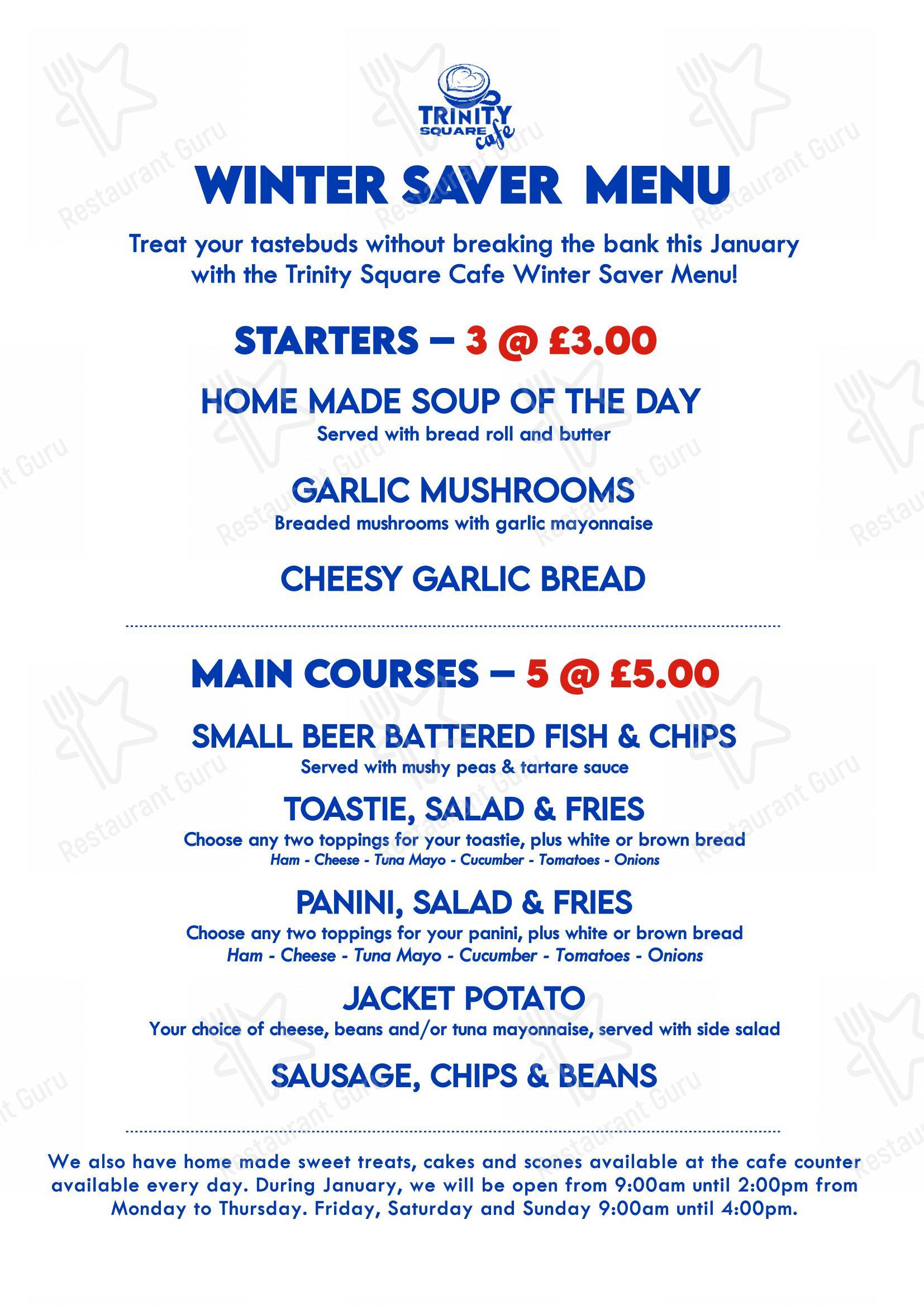 Menu at Trinity Square Cafe, Llandudno
