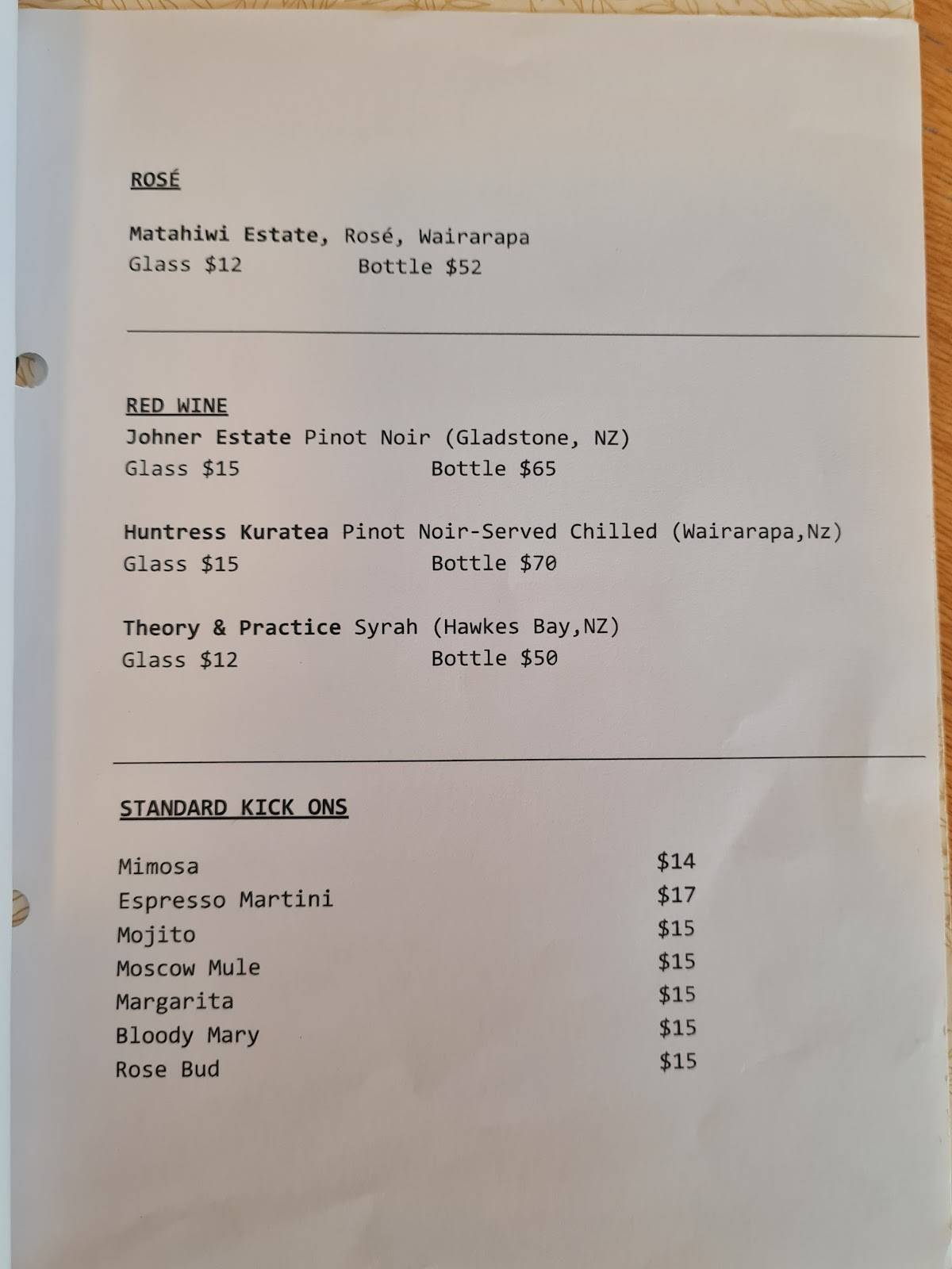 Menu at Trocadero Coffee Bar, Masterton