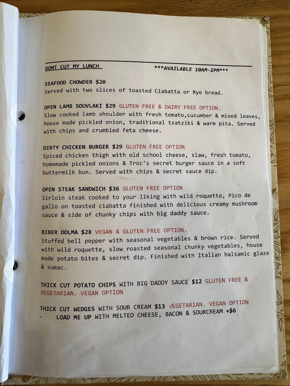 Menu at Trocadero Coffee Bar, Masterton