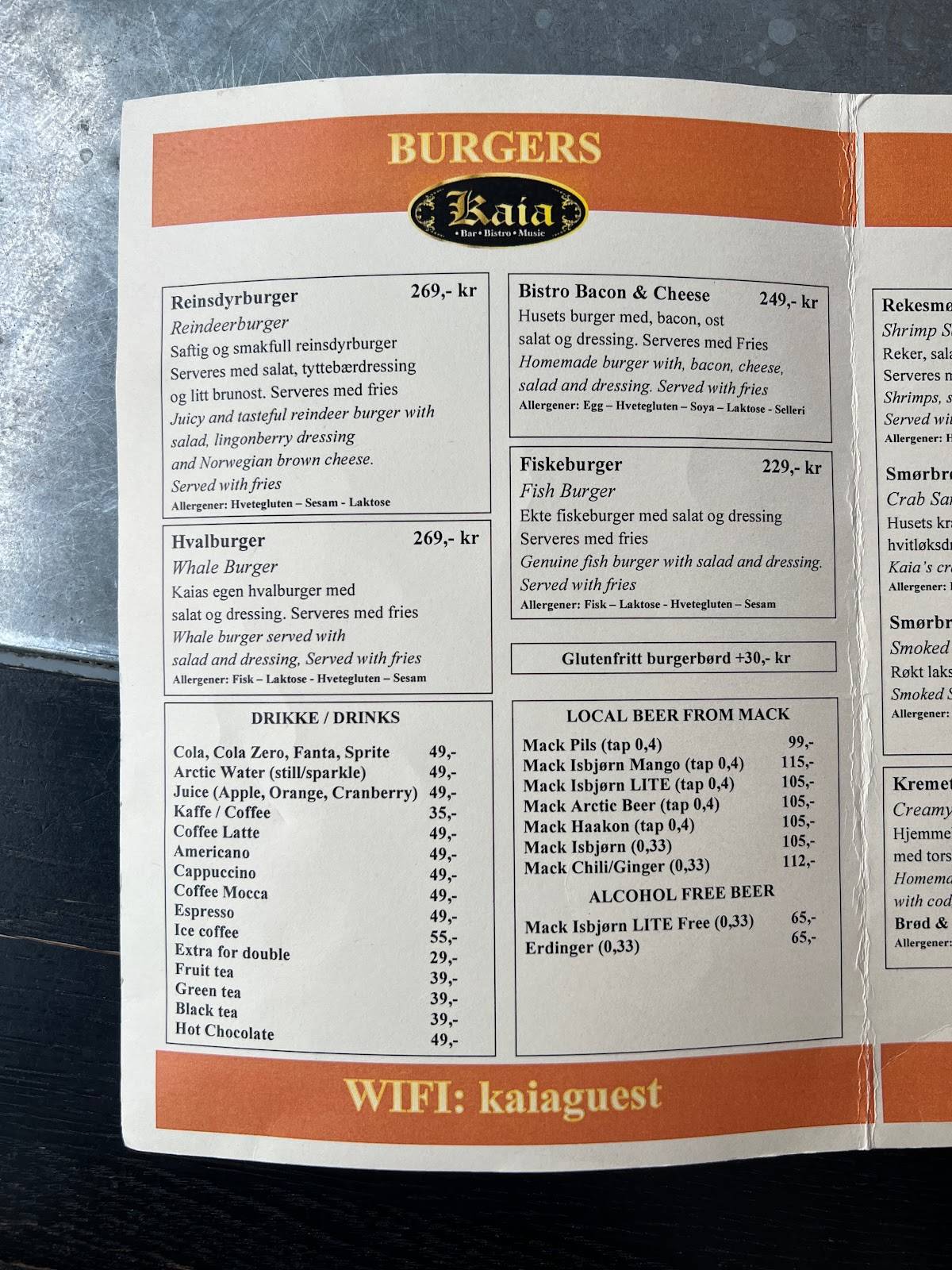 Menu at Kaia pub & bar, Tromsø