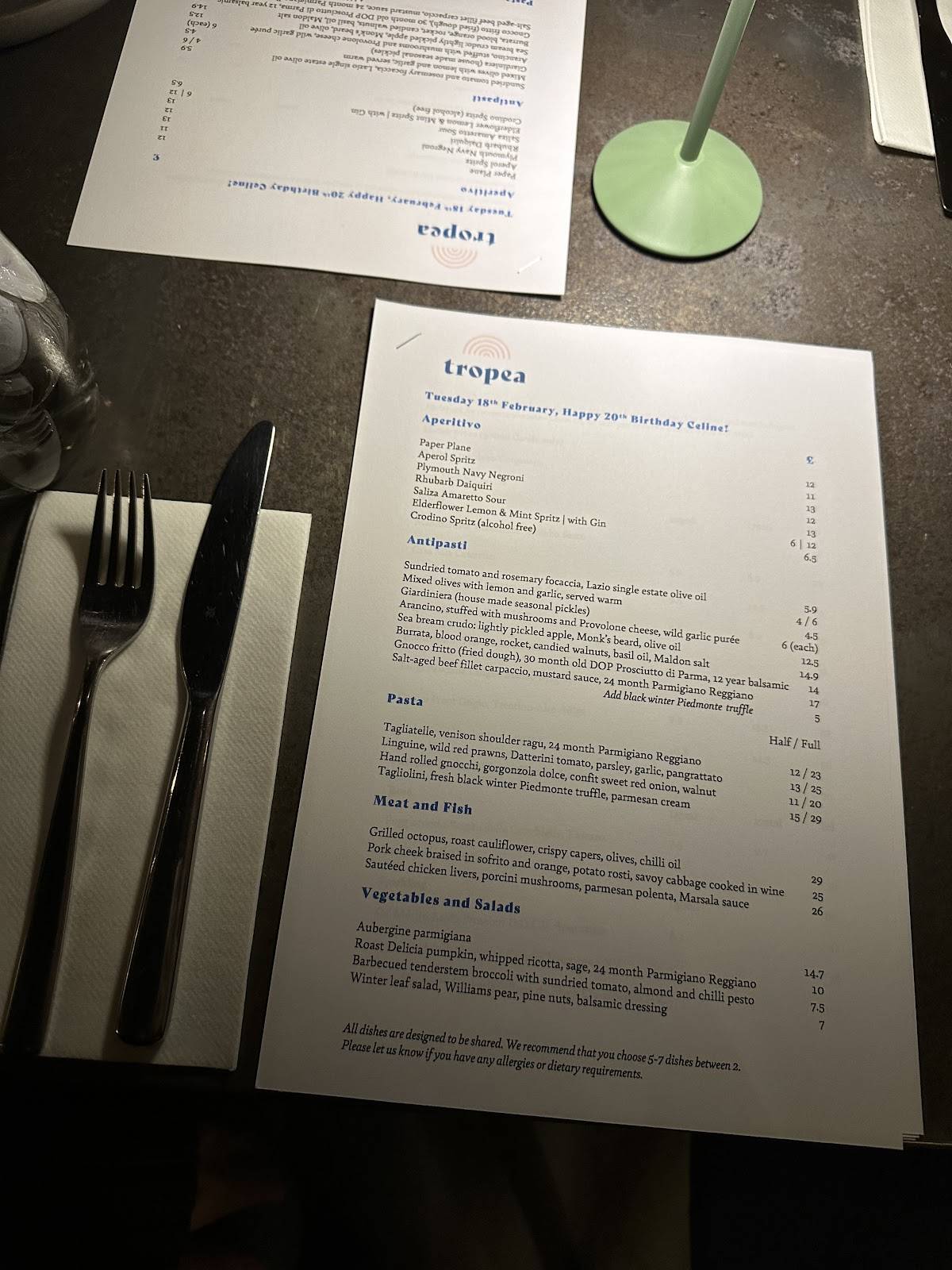 Carta del restaurante Tropea, Birmingham