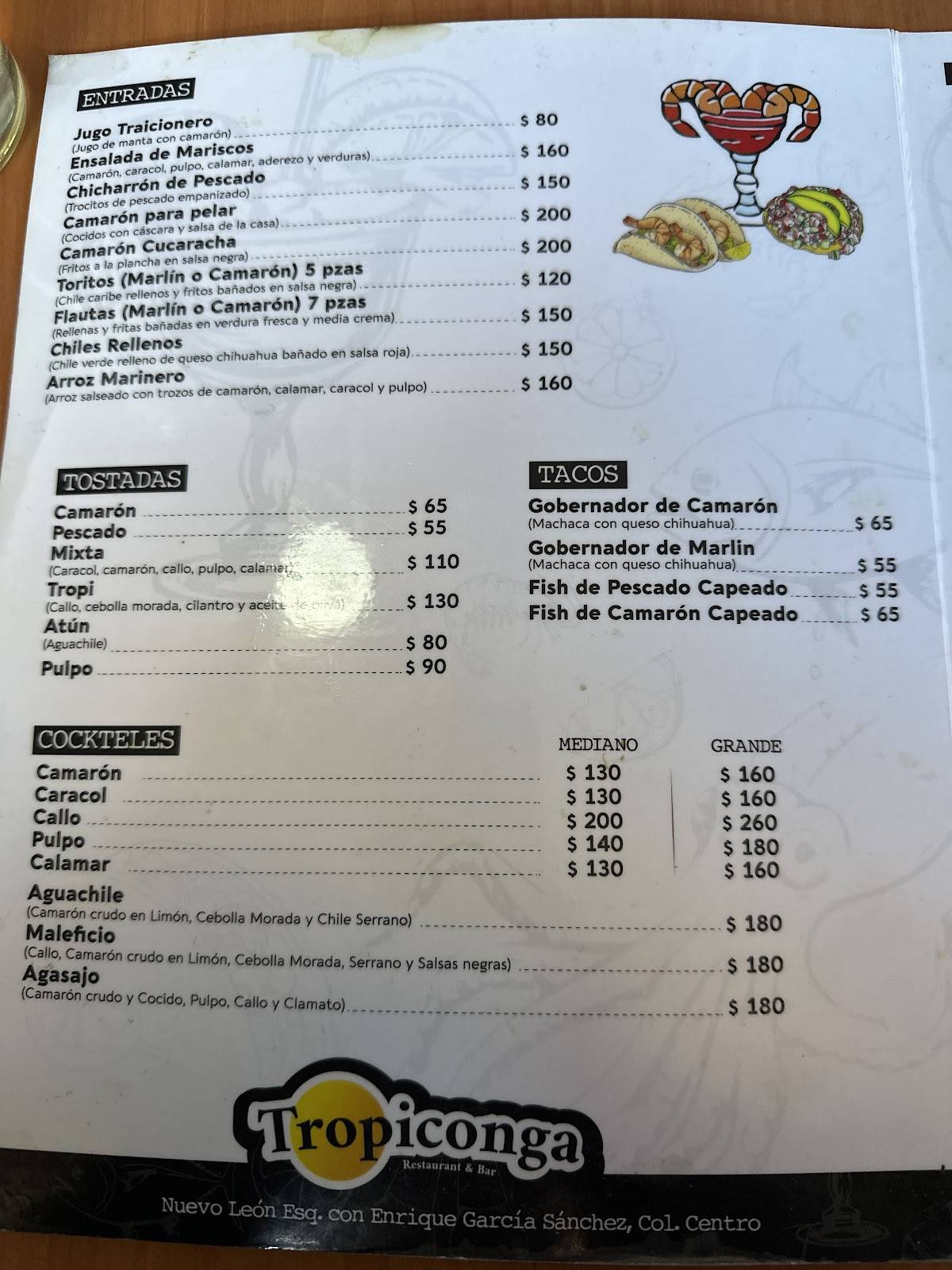 Carta del pub y bar Tropiconga, Hermosillo