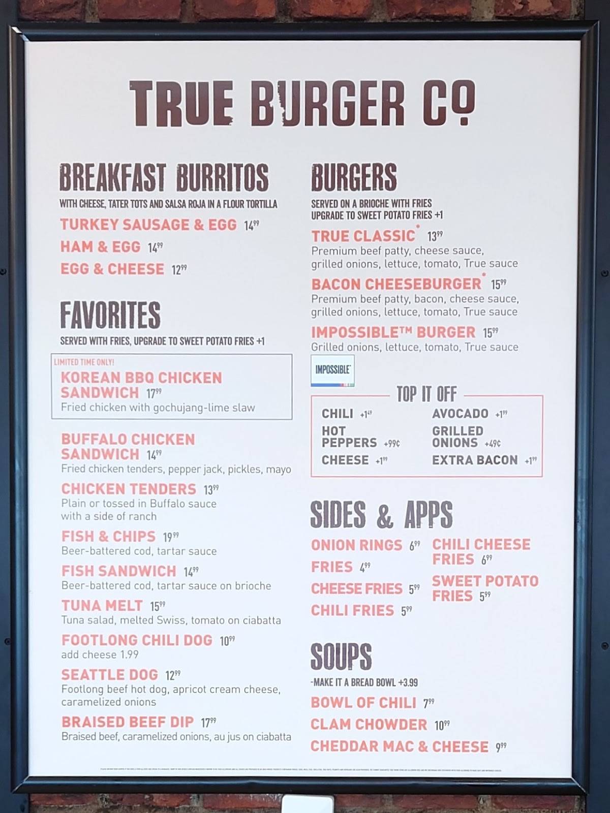 Menu at True Burger restaurant, SeaTac