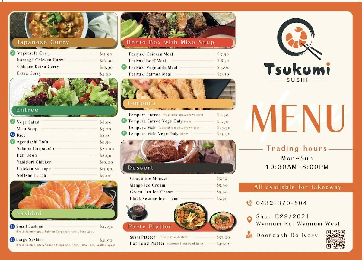 Menu at Tsukumi Conveyor Sushi restaurant, Wynnum West