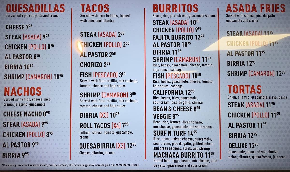 Menu at Tu Taco desserts, Myrtle Beach