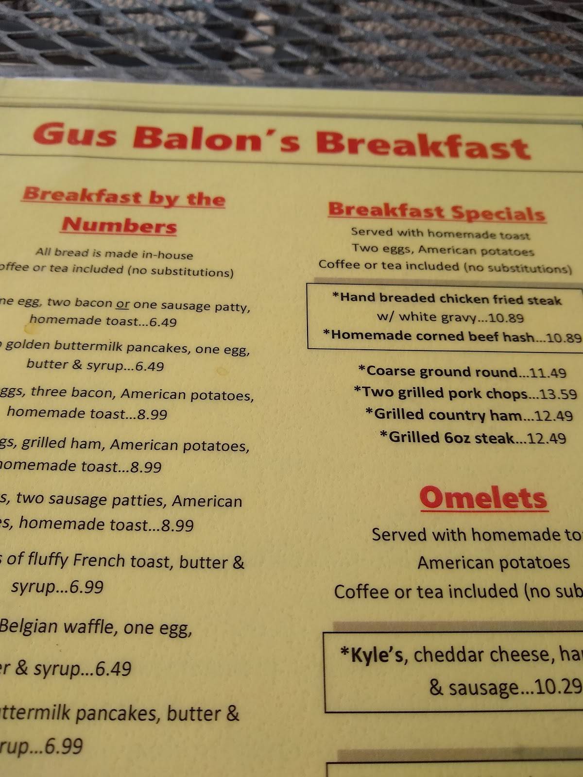 Menu at Gus Balon's Restaurant, Tucson