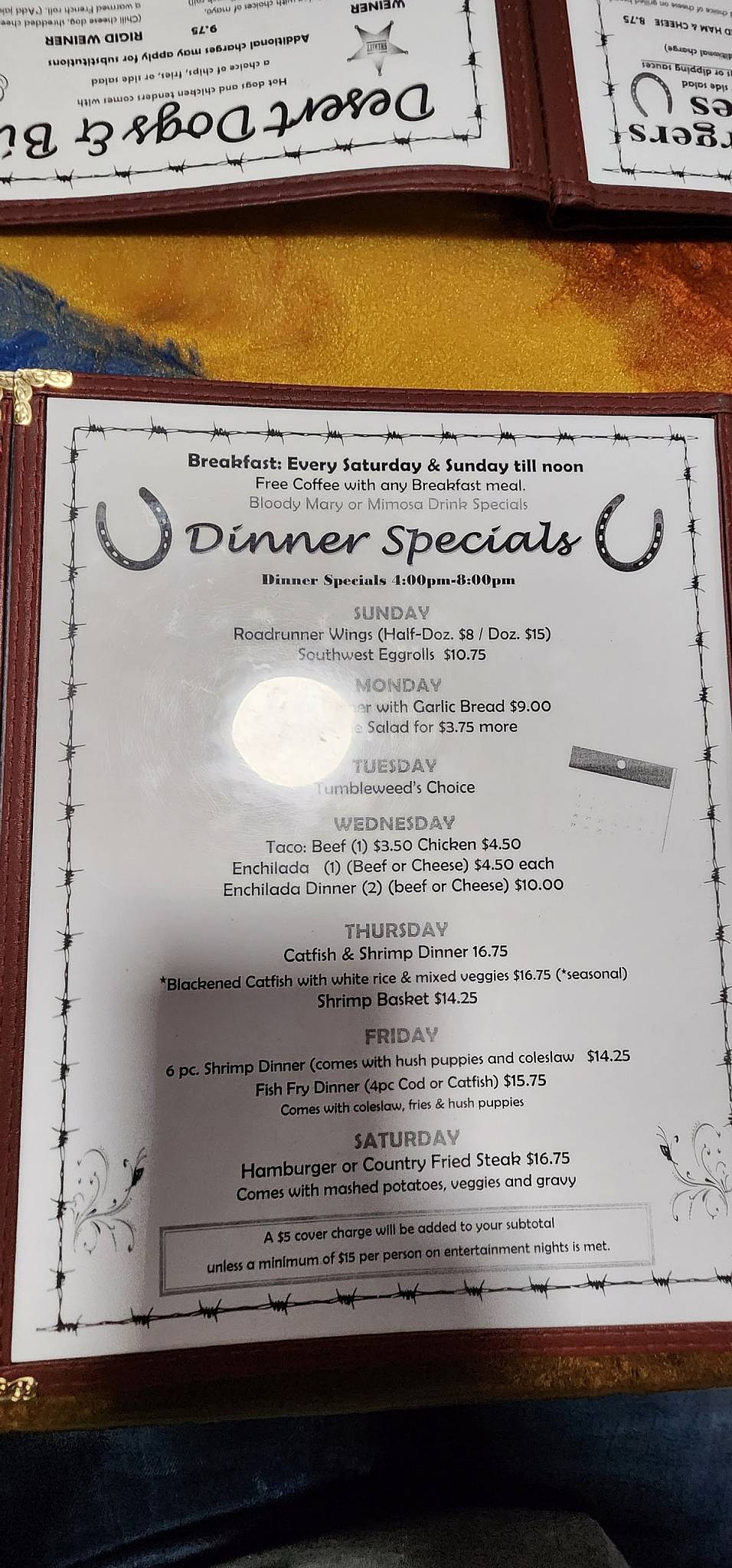 Menu at Tumbleweed Inn pub & bar, Eloy