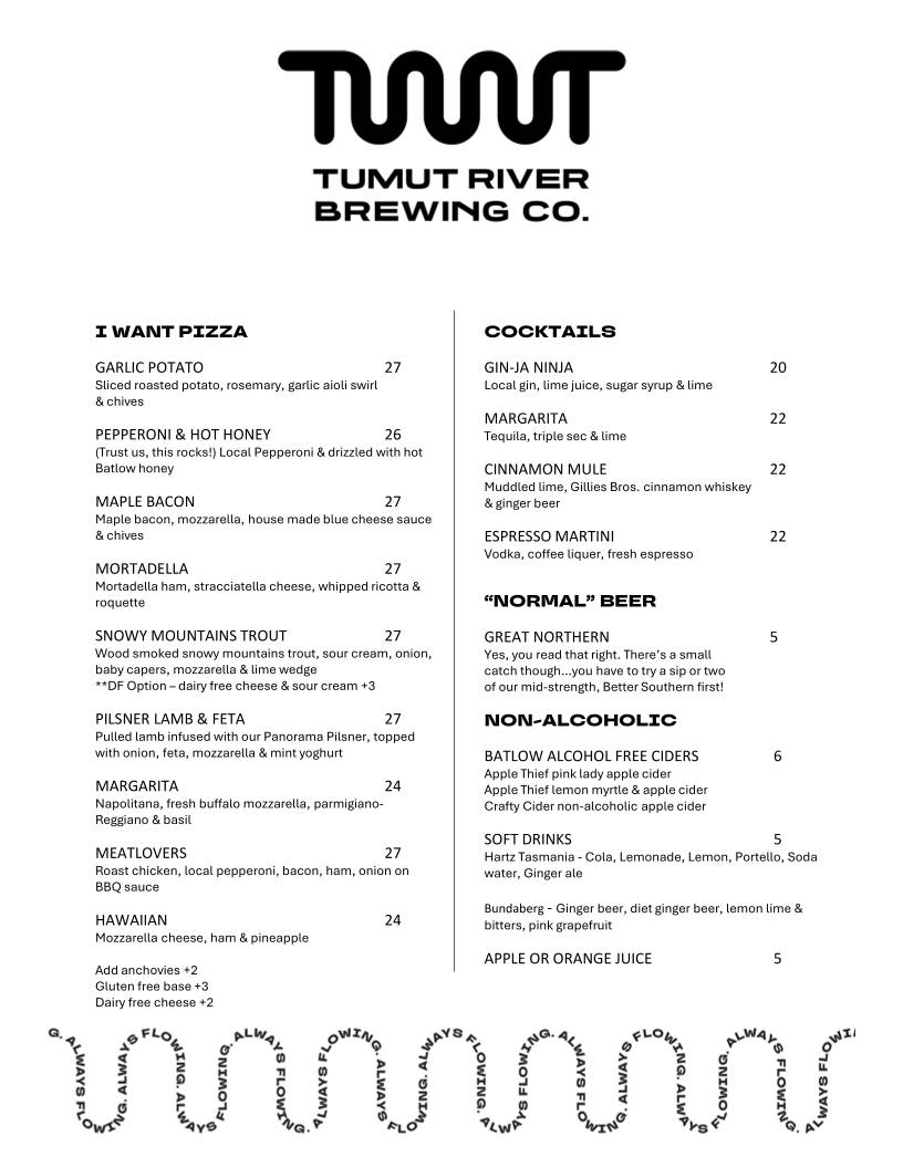 Menu at Tumut River Brewing Co pub & bar, Tumut