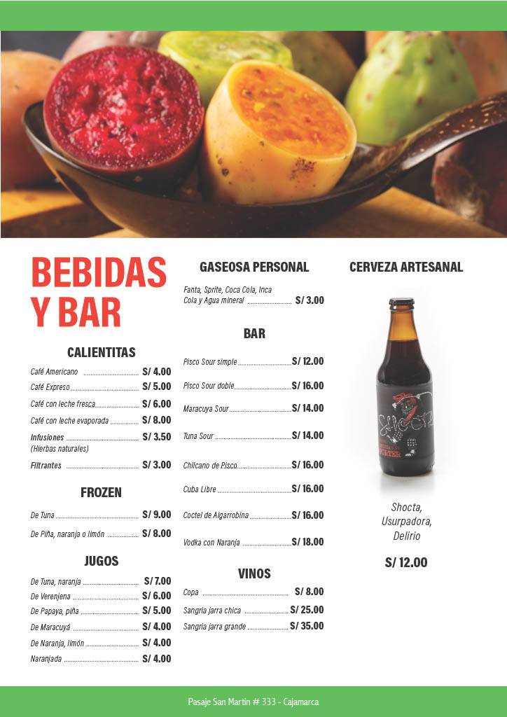 Menu at Tuna Café Restaurant, Cajamarca