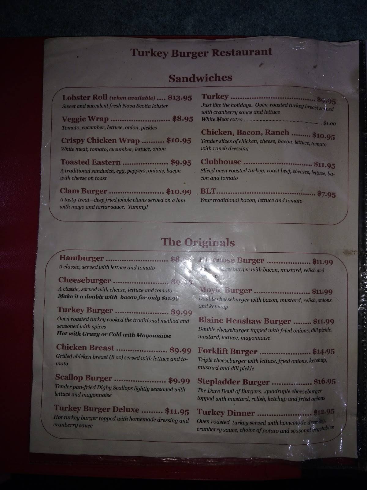Menu at Turkey Burger restaurant, Bridgewater