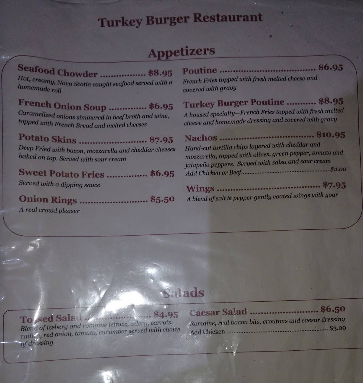 Menu at Turkey Burger restaurant, Bridgewater