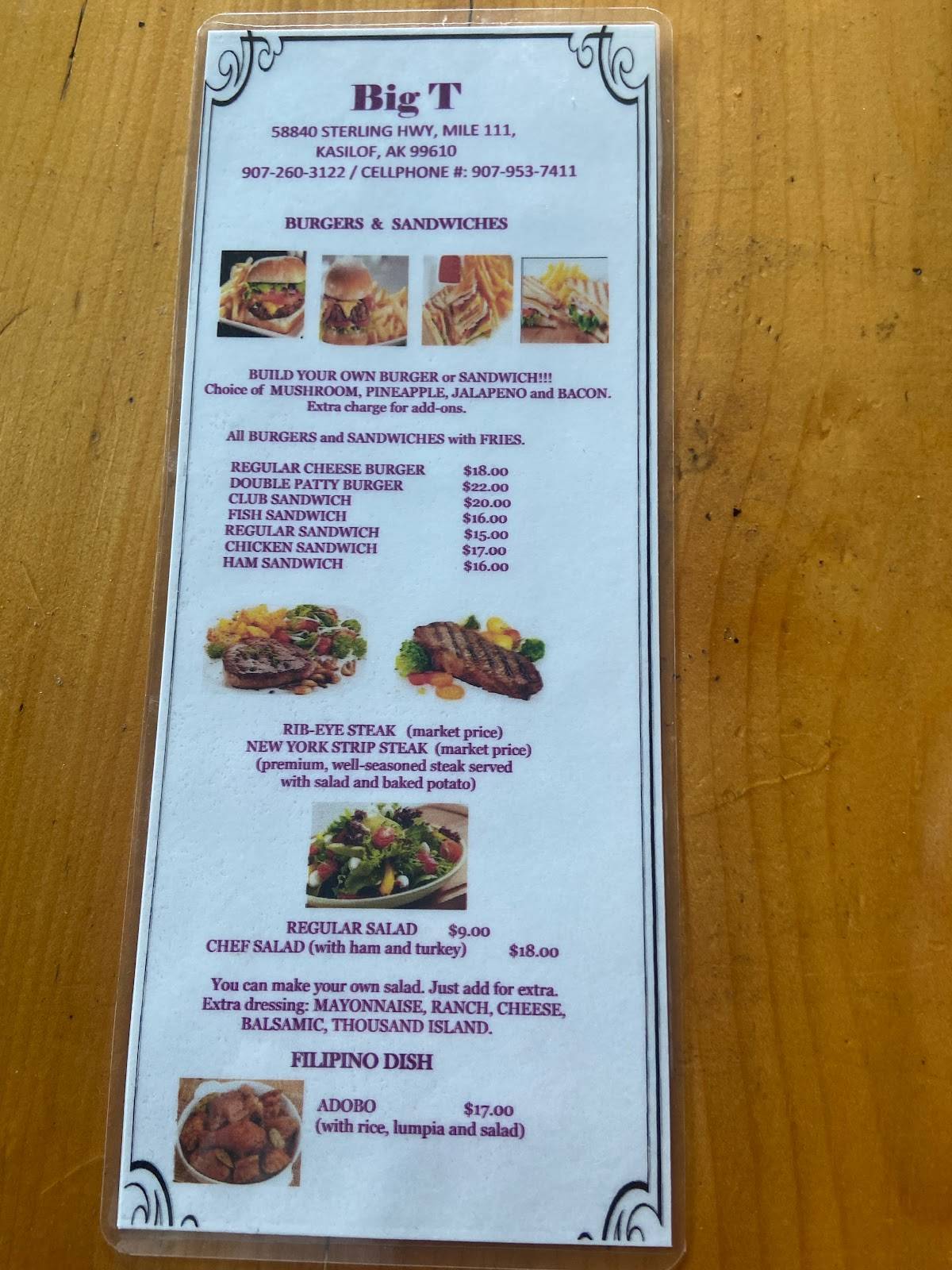 Menu at Tustumena Lodge aka BIG T pub & bar, Kasilof