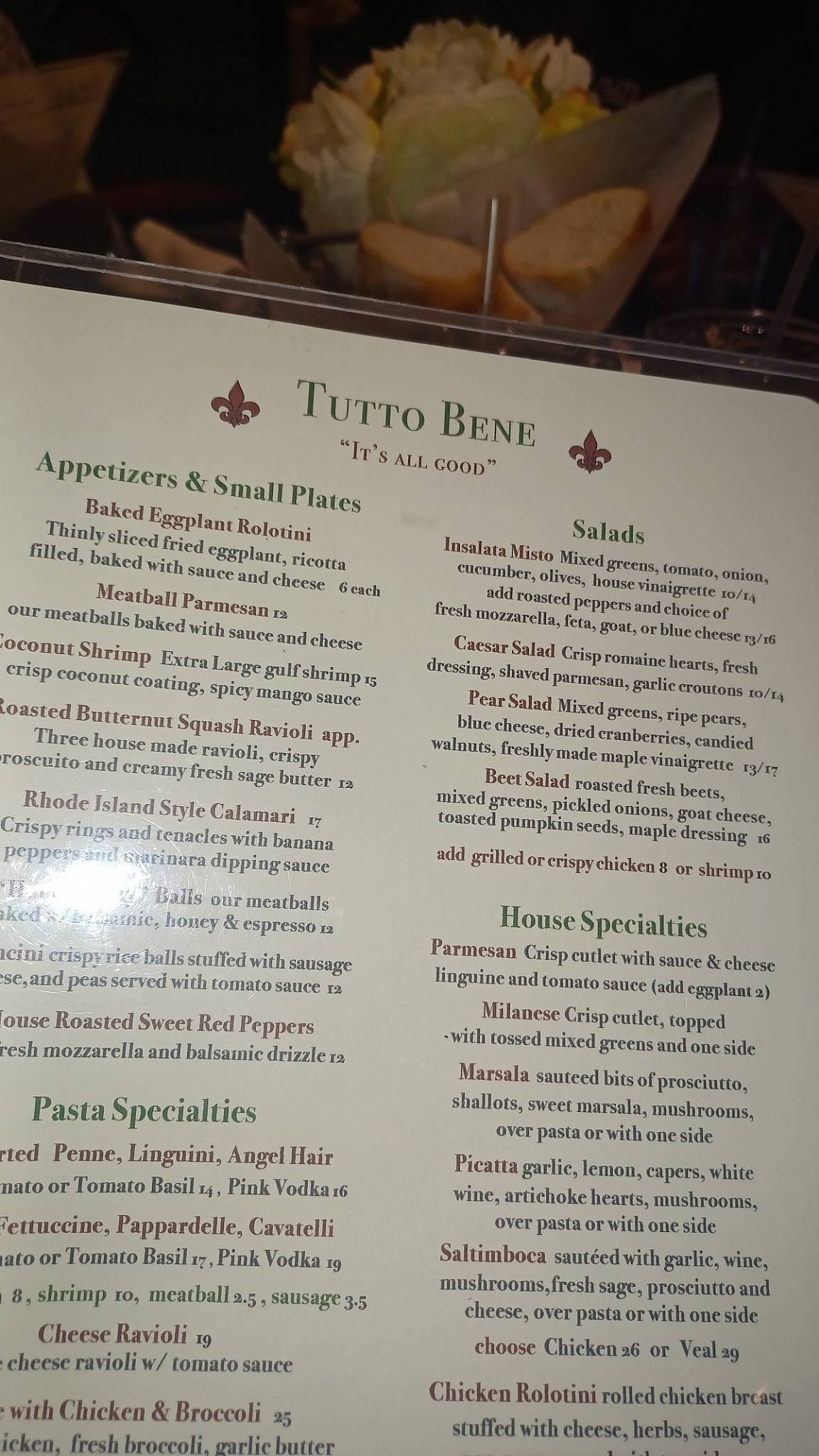 Menu at Tutto Bene restaurant, Brockton