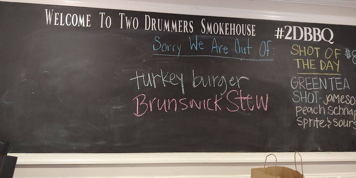 Menu at Two Drummers Smokehouse BBQ, Toano