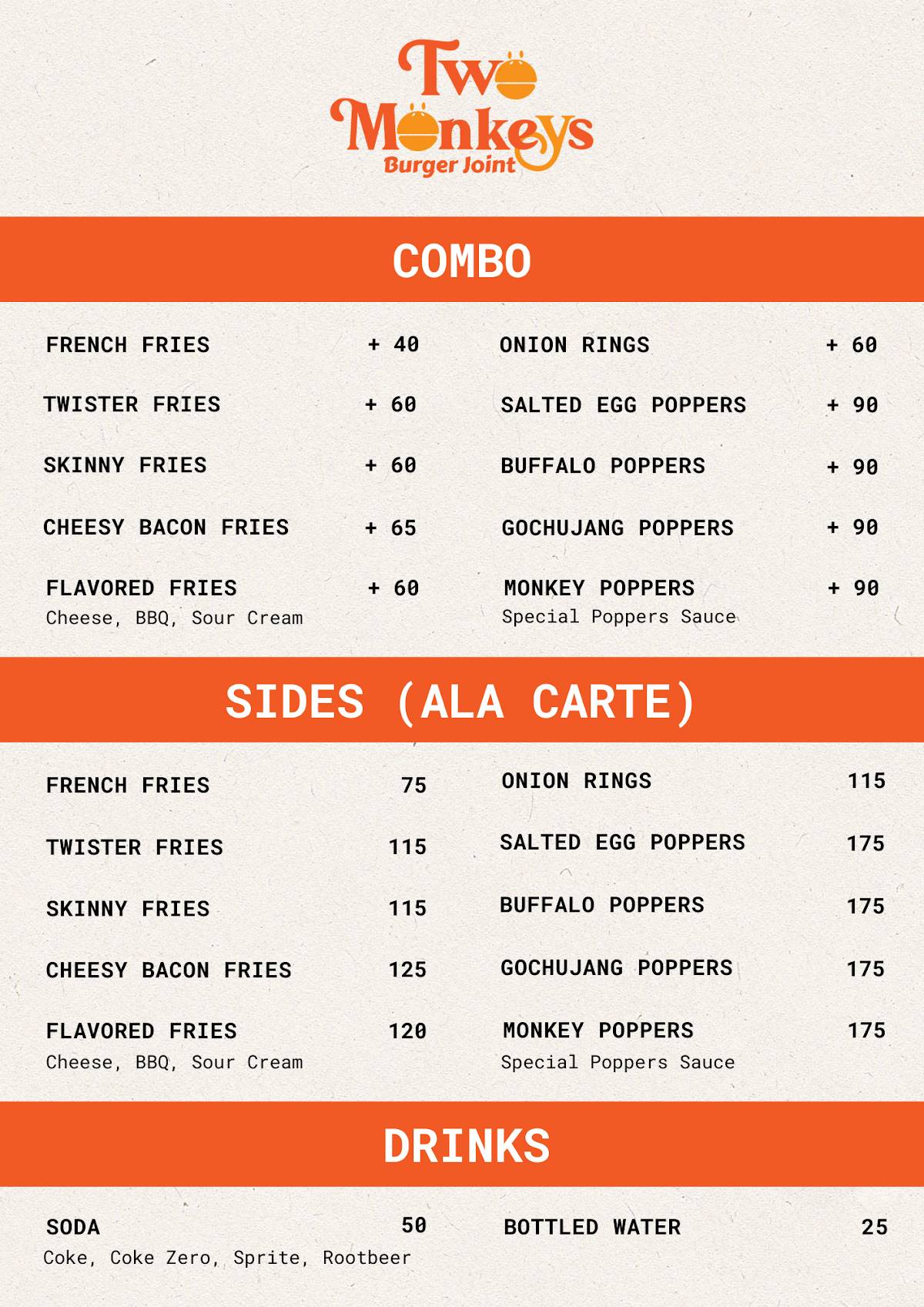 Menu at Two Monkeys Burger Joint restaurant, Cainta