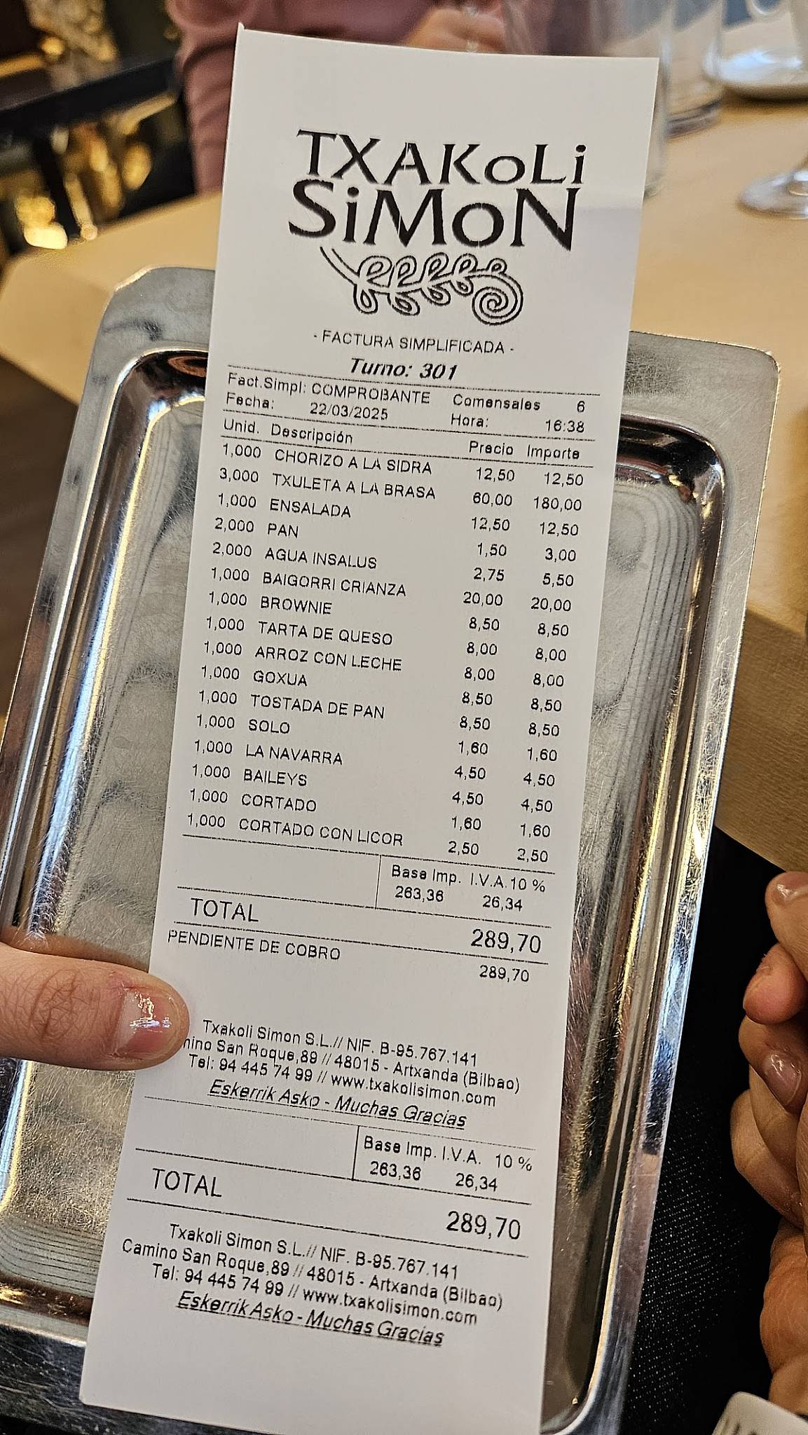 Menu at Txakoli Simón steakhouse, Bilbao, Cam. de San Roque Bidea