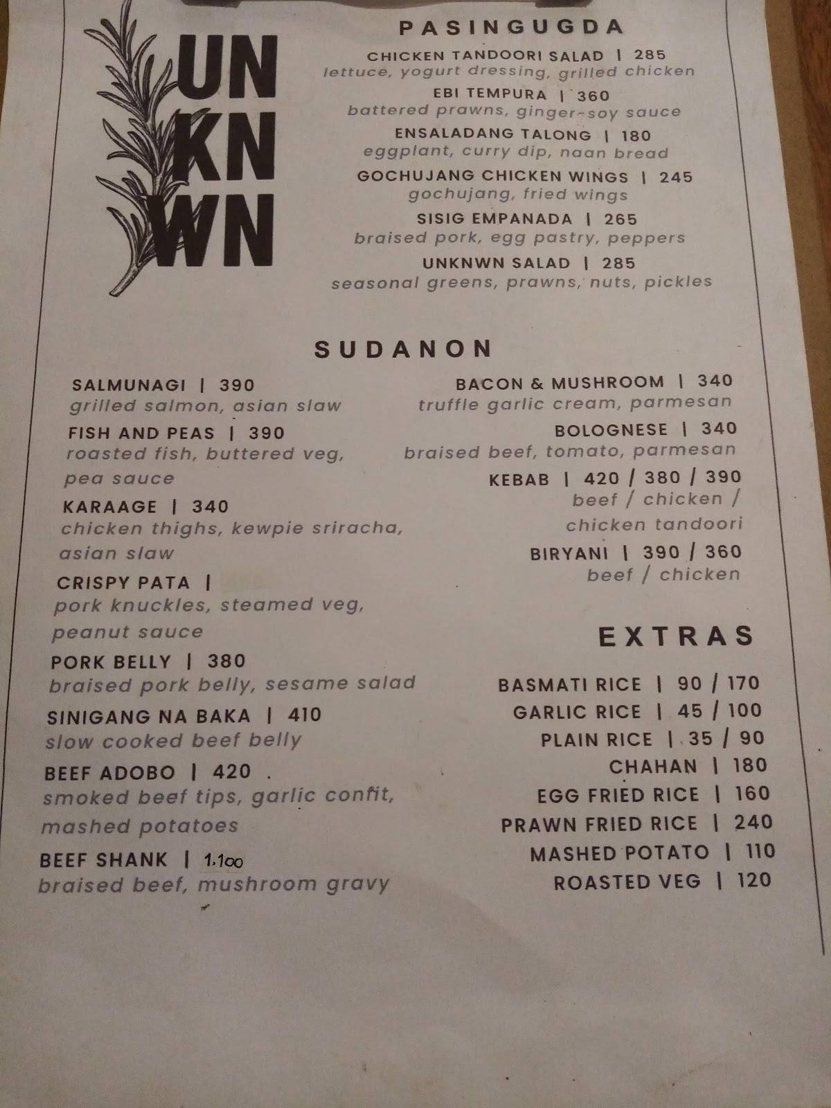 Menu at UNKNWN KITCHN restaurant, Dumaguete