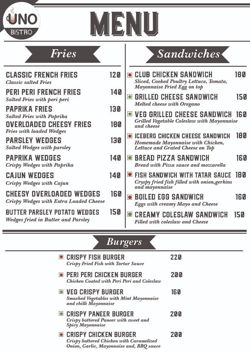 Menu at UNO BiSTRO, Hyderabad