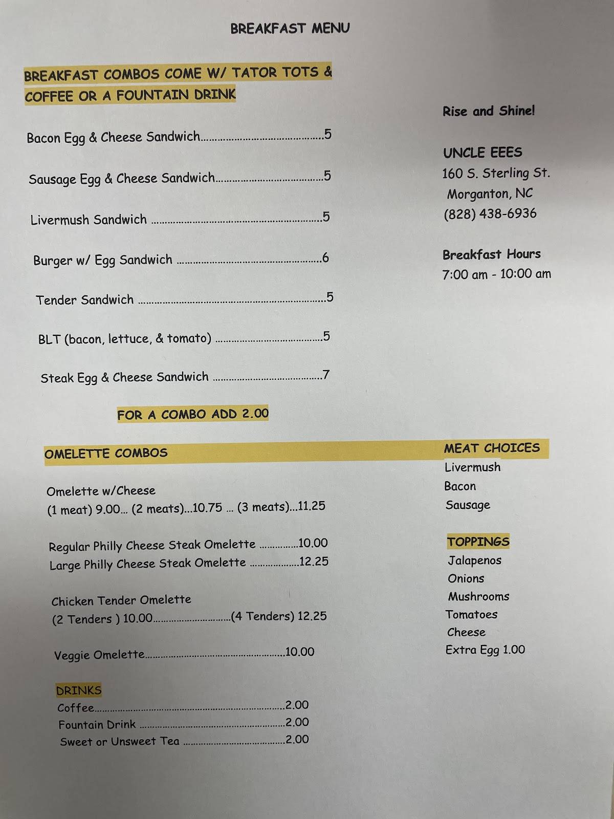 Menu at Uncle Eee's restaurant, Morganton