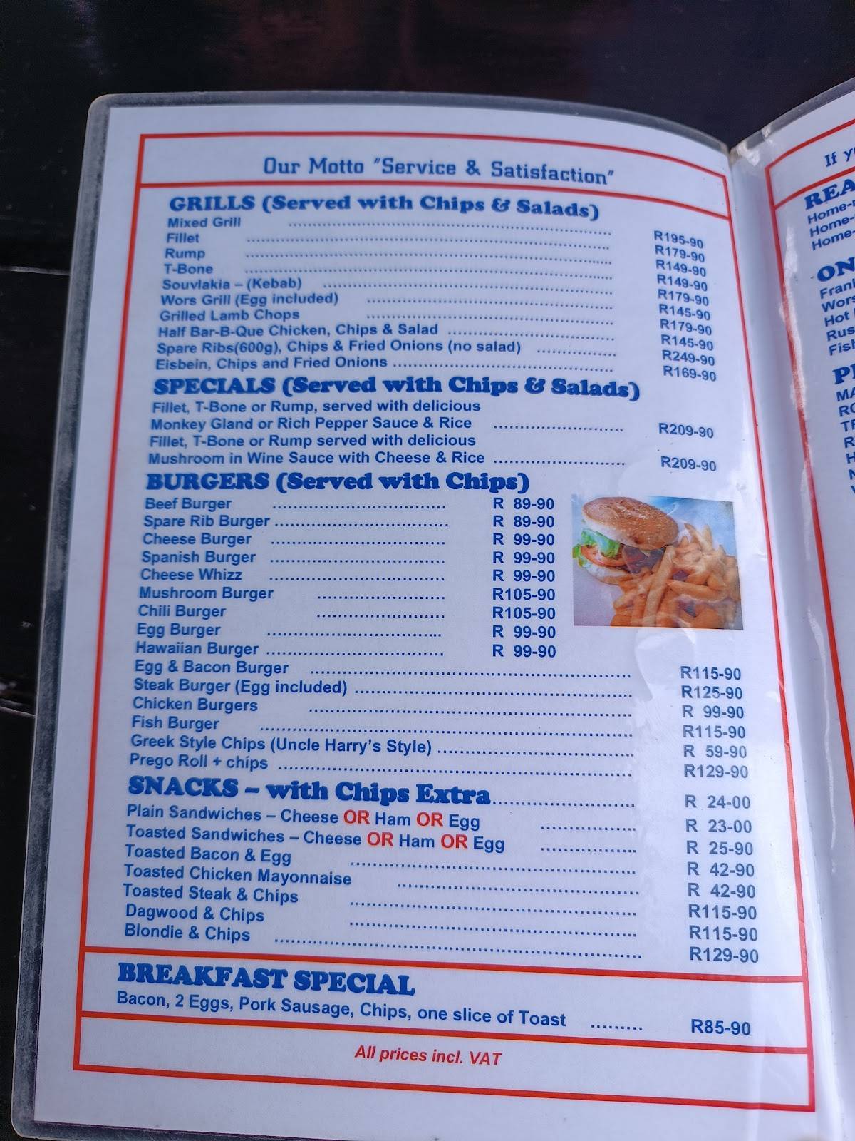Menu at Uncle Harry's Roadhouse restaurant, Randfontein