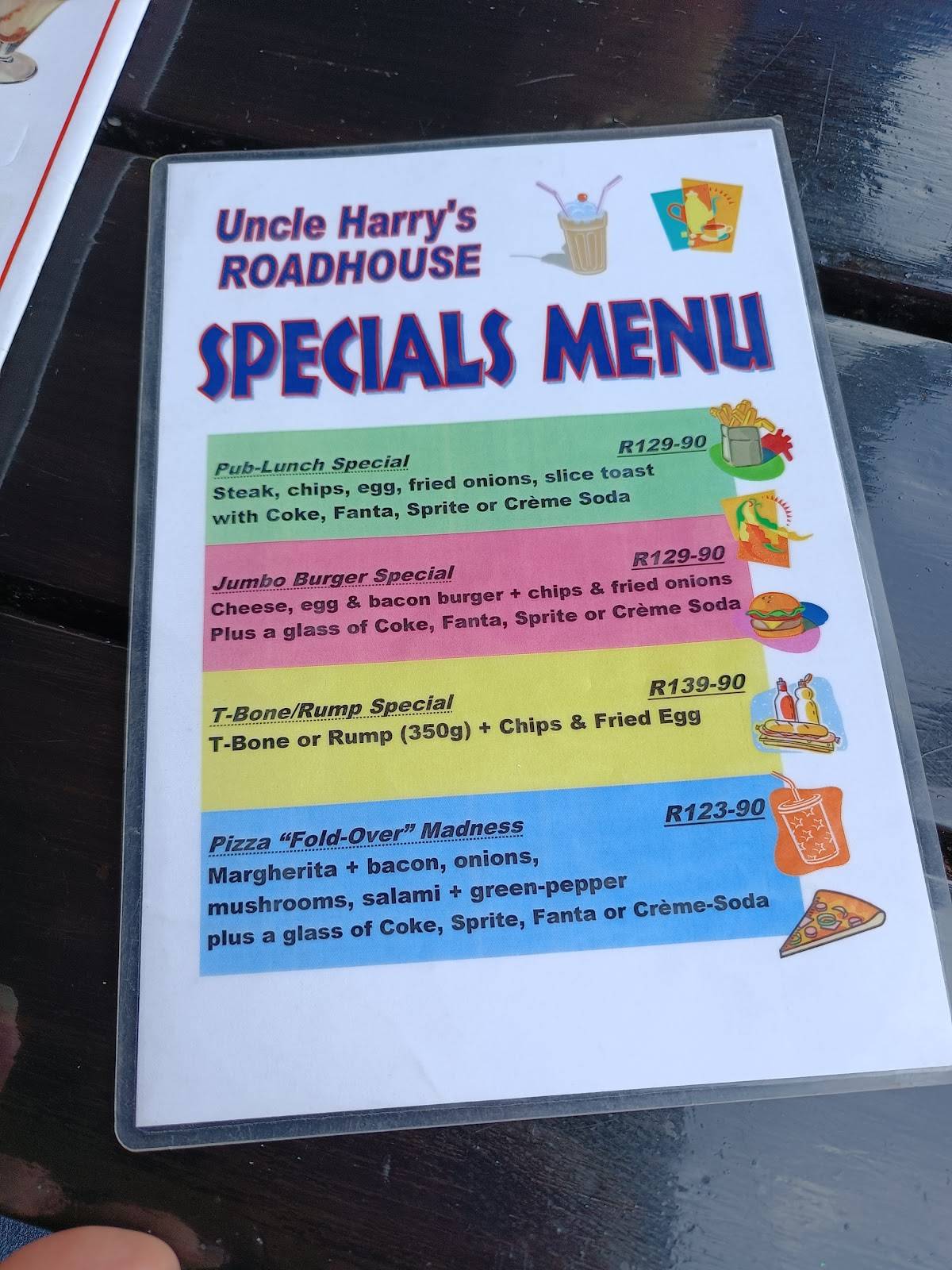 Menu at Uncle Harry's Roadhouse restaurant, Randfontein