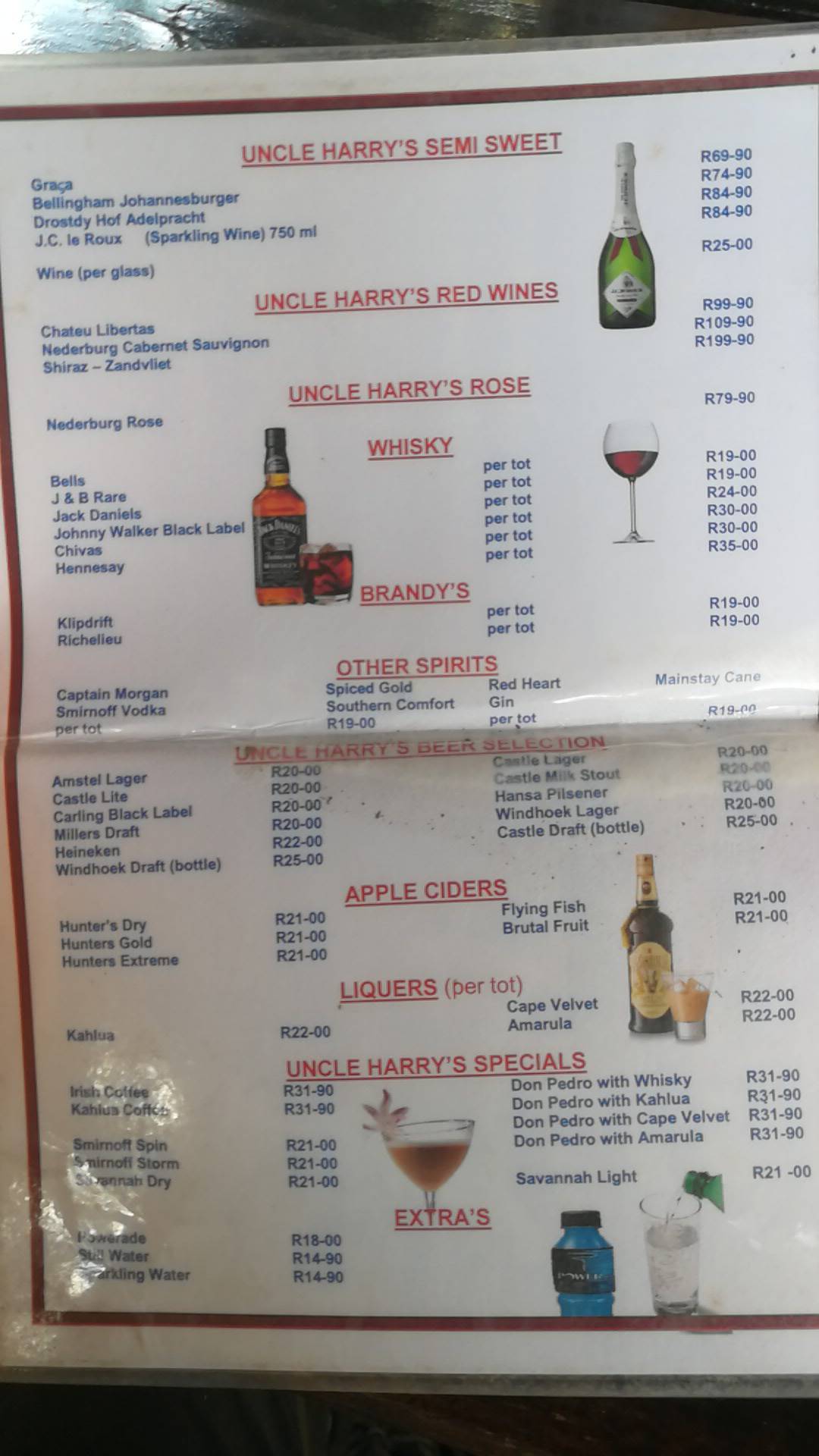 Menu at Uncle Harry's Roadhouse restaurant, Randfontein