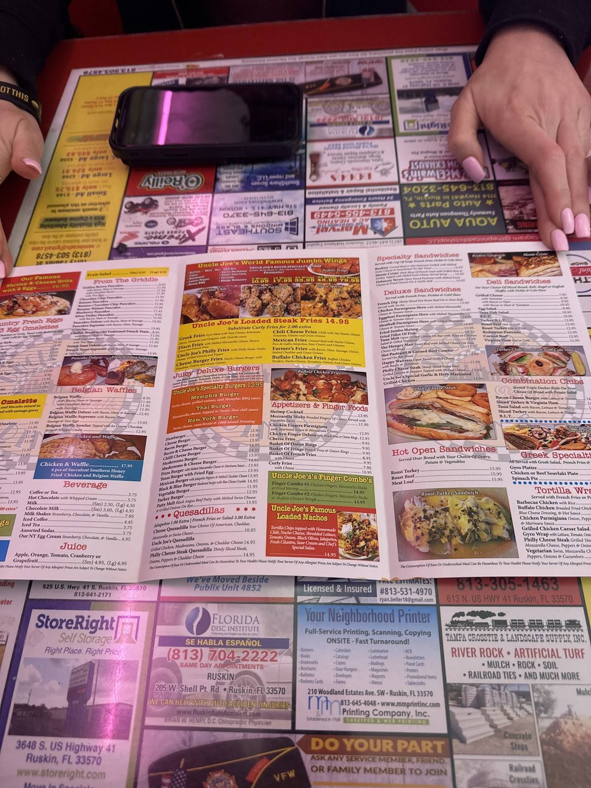 Menu at Uncle Joe's New York Diner restaurant, Ruskin