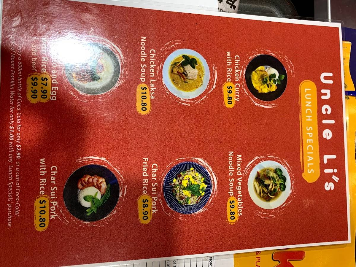 Menu at Uncle Li's restaurant, Brisbane City, Post Office Square Park