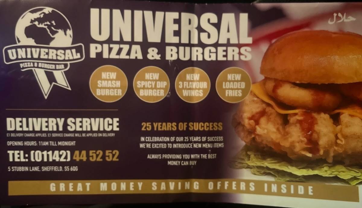 Menu at Universal Pizza & Burger Bar, Sheffield