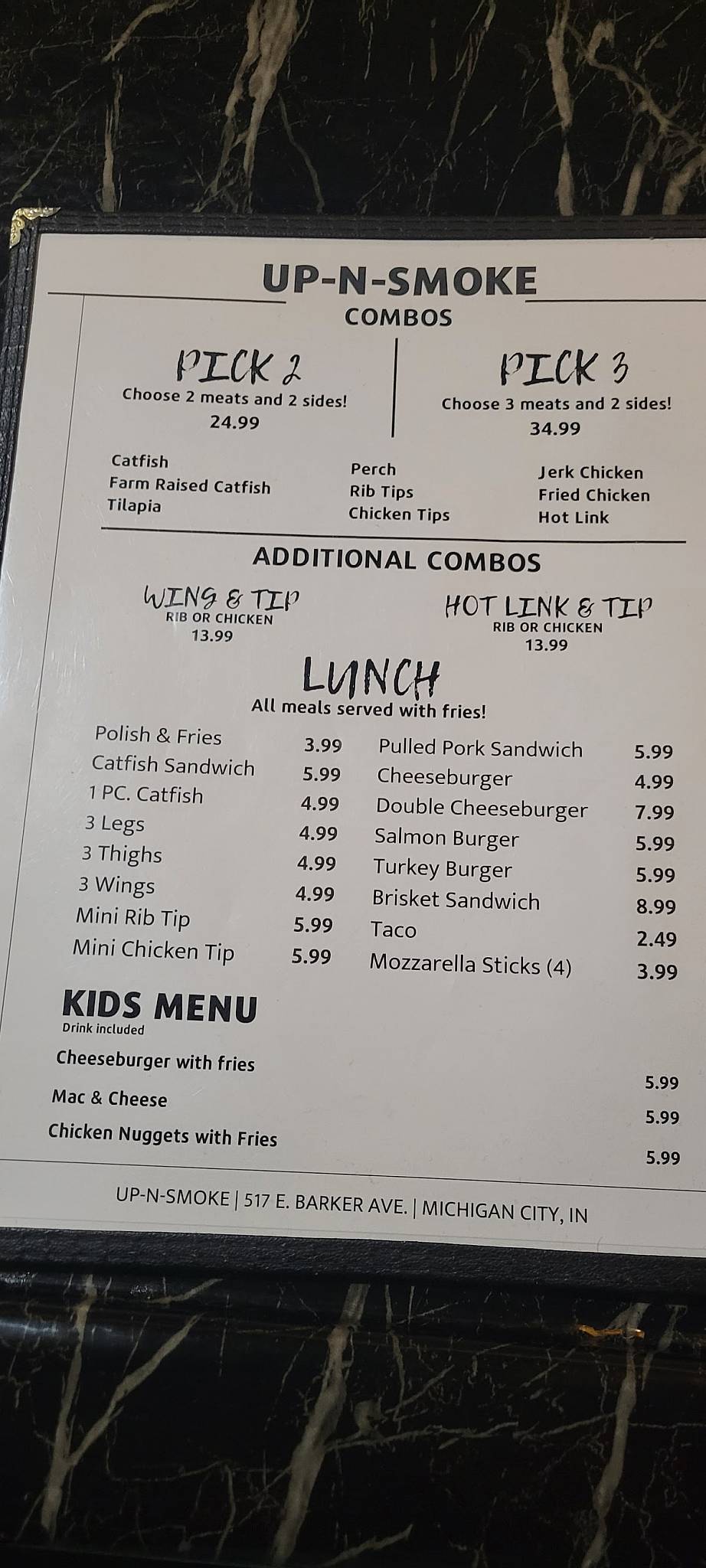 Menu at Up N Smoke MC restaurant, Michigan City, 517 E Barker Ave