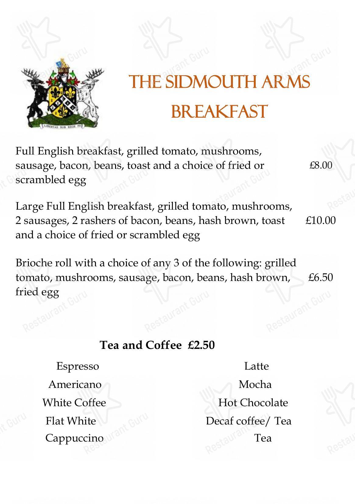 Menu at The Sidmouth Arms pub & bar, Upottery, Upottery