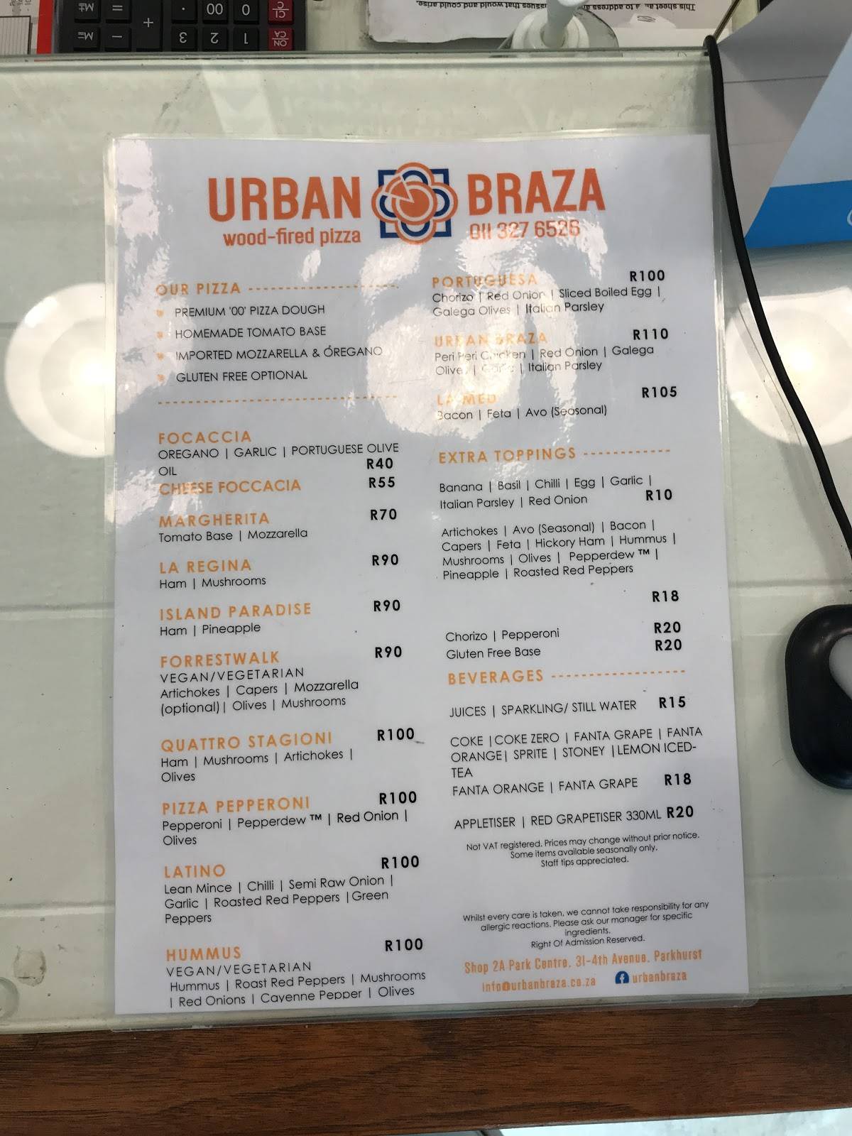 Menu at Urban Braza pizzeria, Randburg