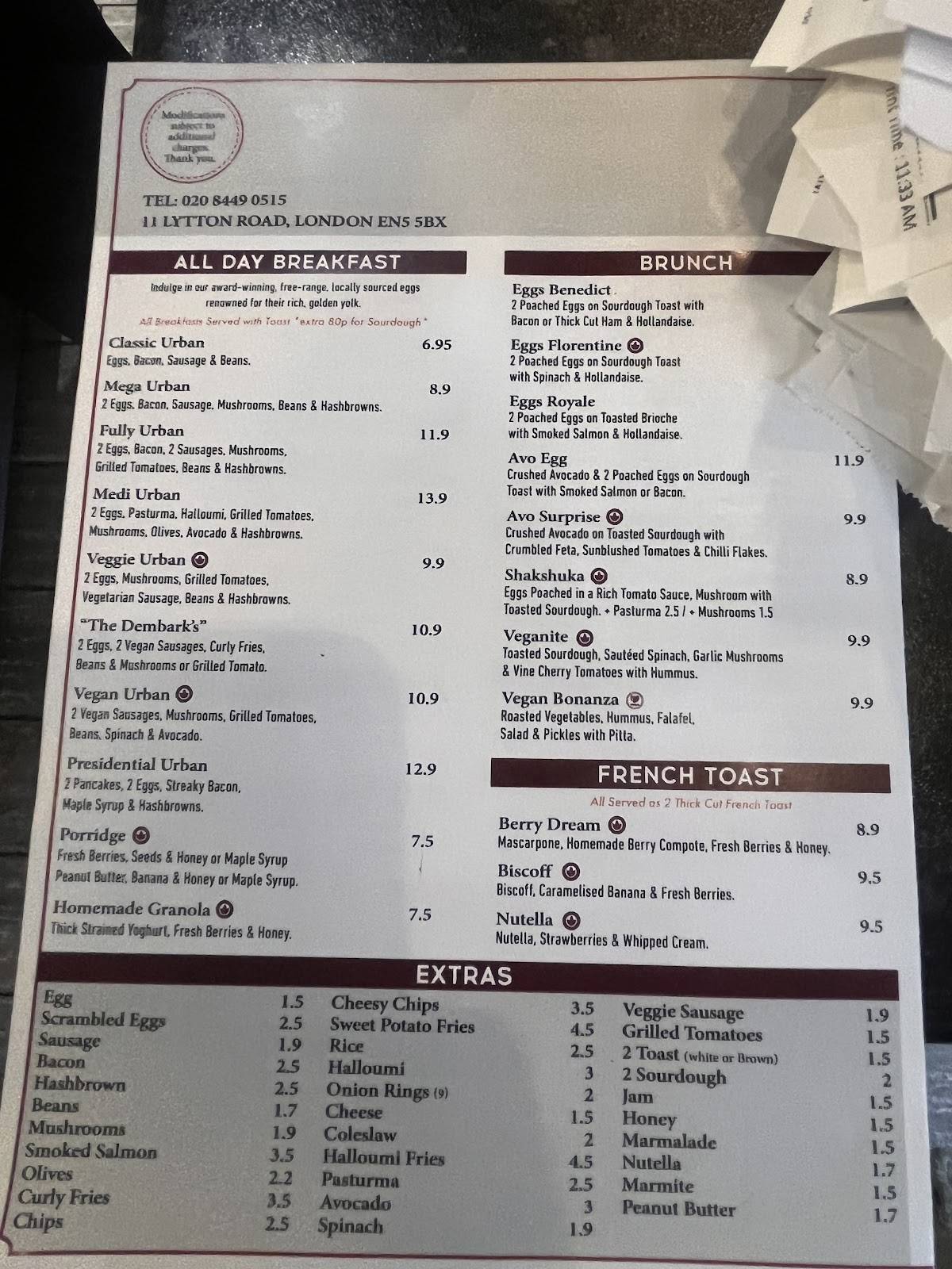 Menu at Urban Grind cafe, Barnet
