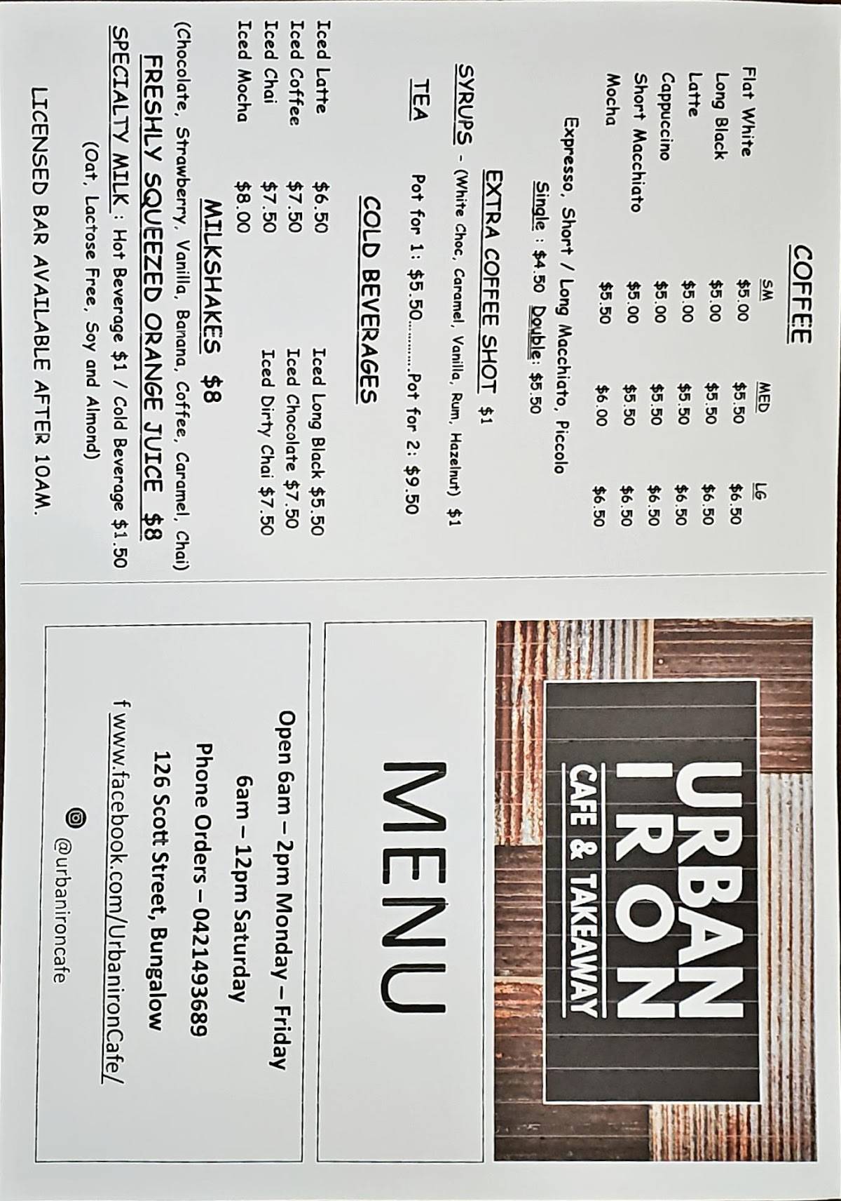 Menu at Urban Iron Cafe & Takeaway, Bungalow