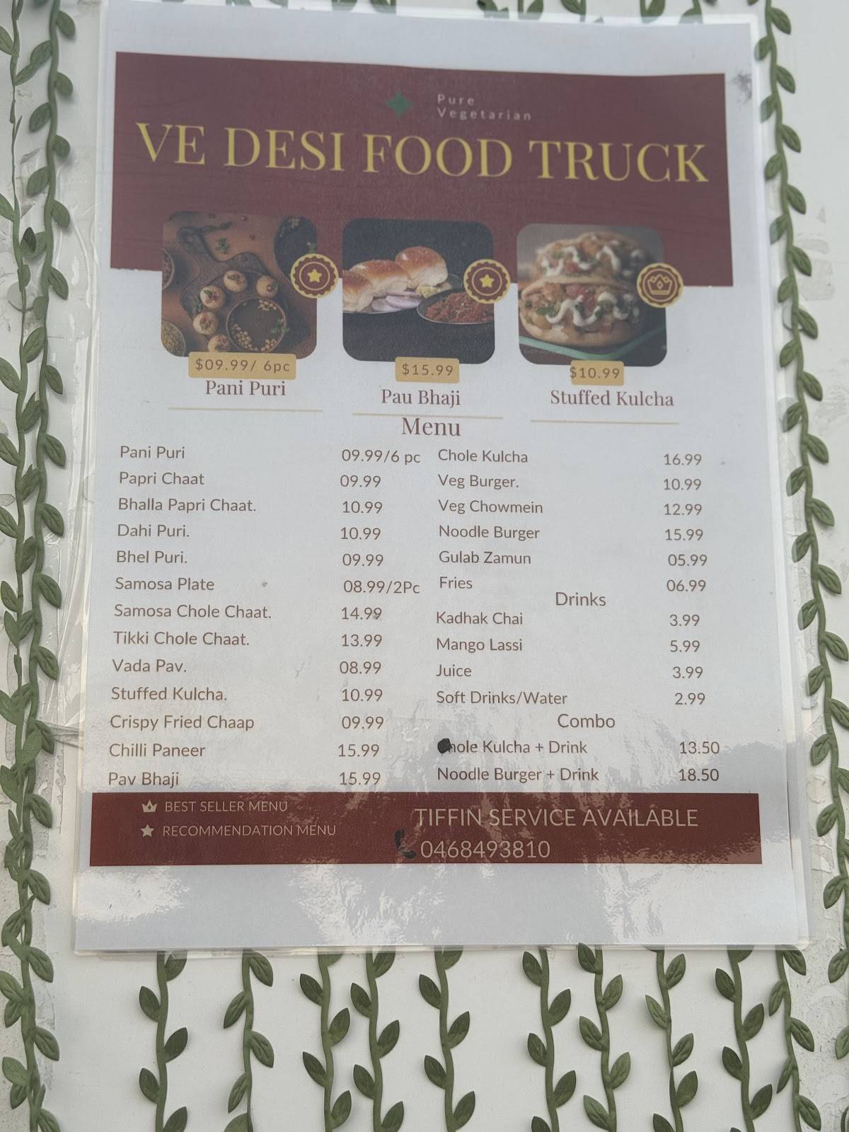 Menu at VE DESI FOOD TRUCK restaurant, Coombs