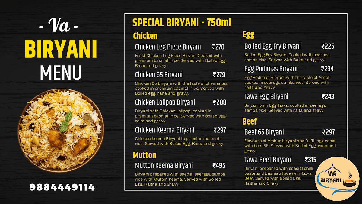 Menu at Va Biryani, Chennai, 122