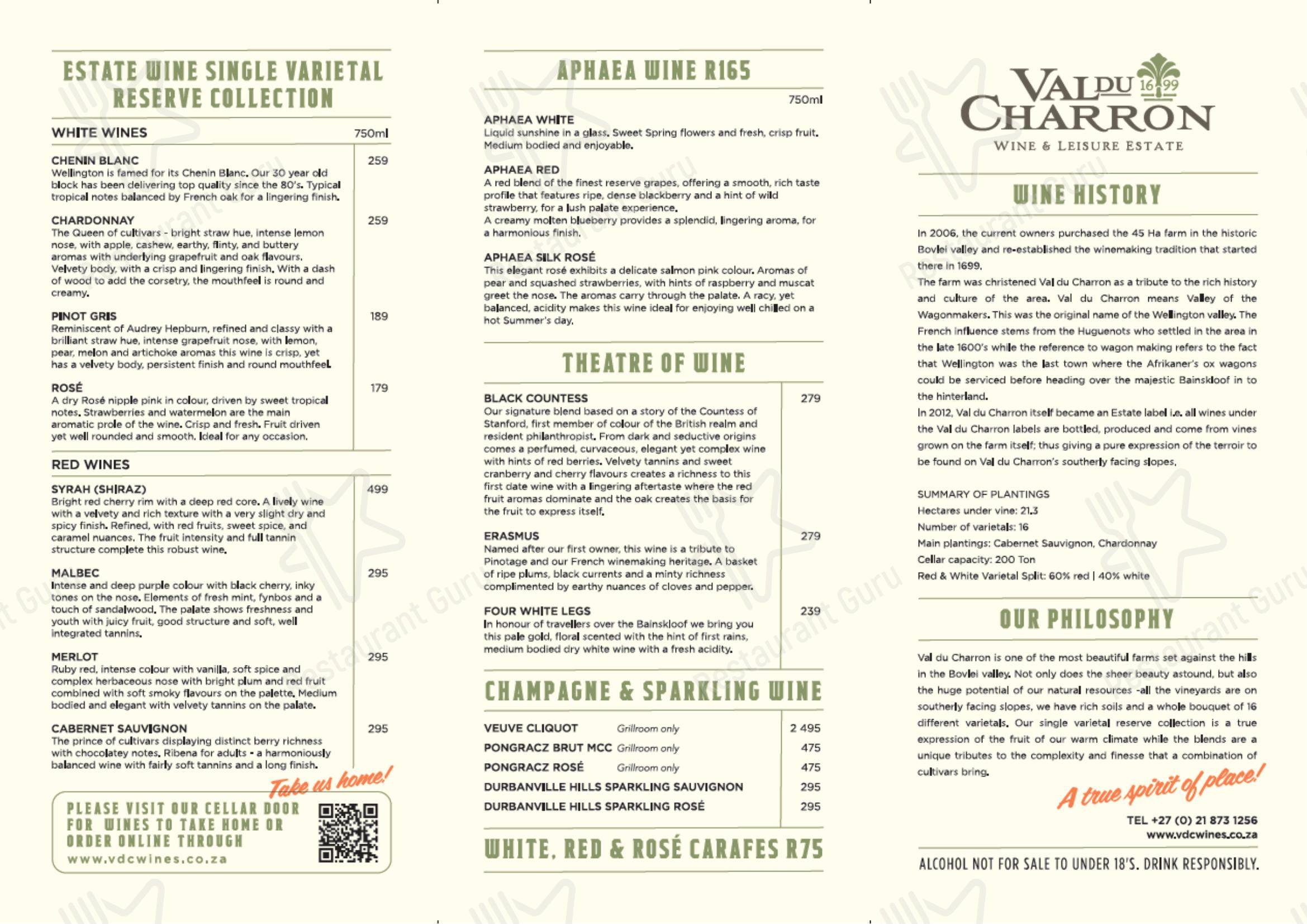 Menu bij Val Du Charron Wine and Leisure Estate steakhouse, Wellington