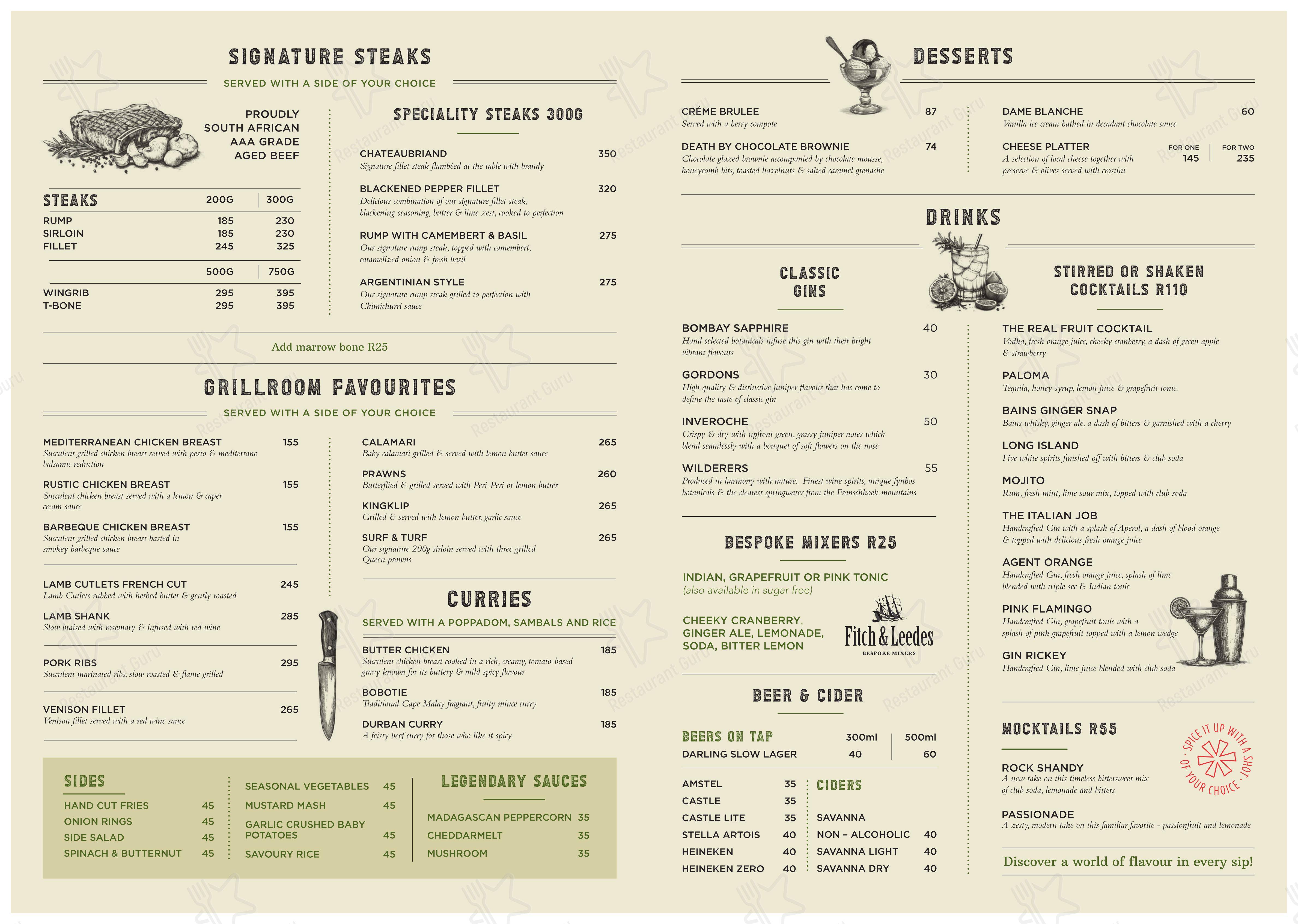 Menu bij Val Du Charron Wine and Leisure Estate steakhouse, Wellington