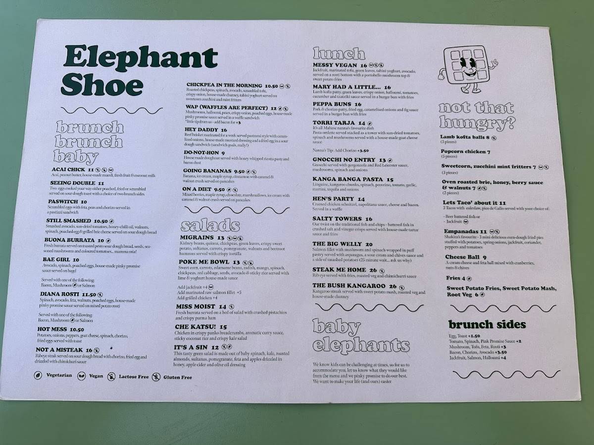 Menu at Elephant Shoe restaurant, Valletta