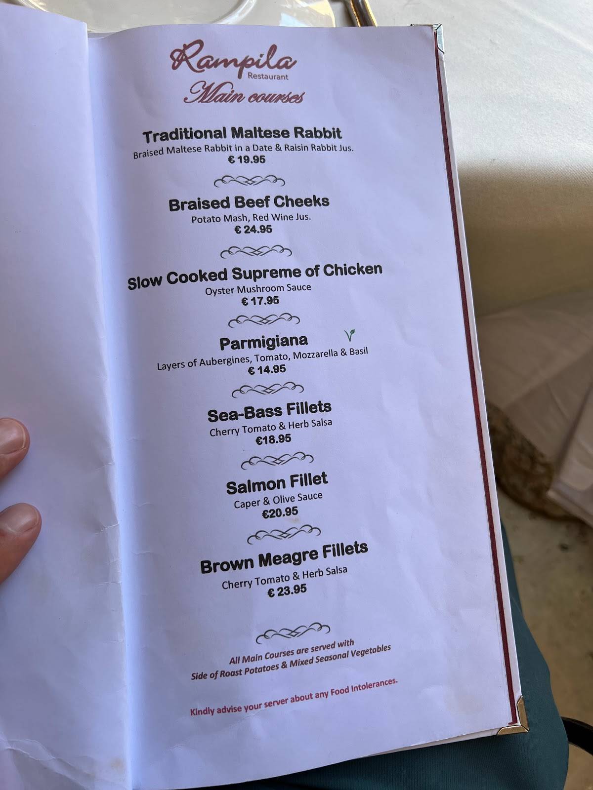 Menu at Rampila Restaurant, Valletta