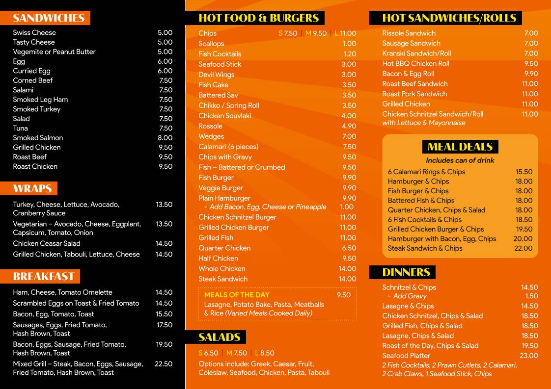 Menu at Valley Cafe, Penrith