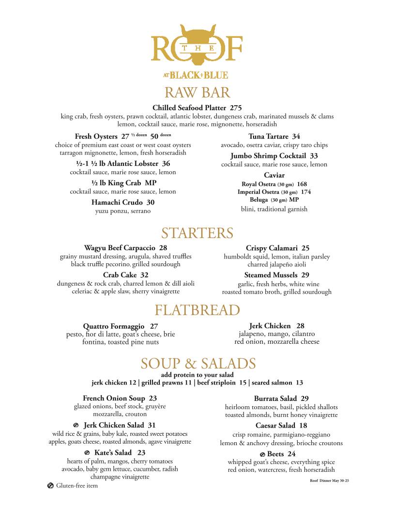 Menu at The Roof at Black & Blue steakhouse, Vancouver